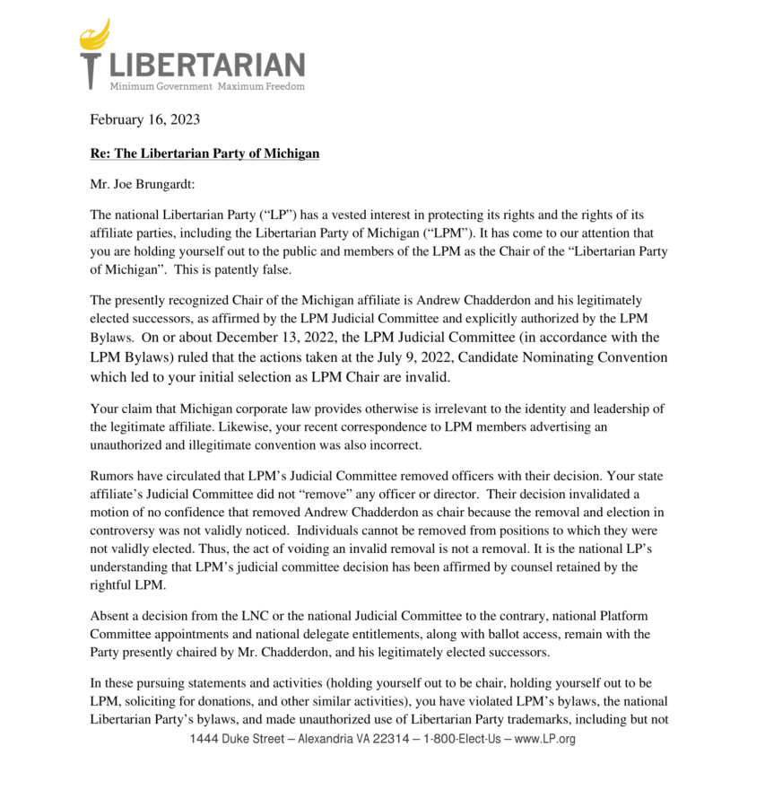 LNC Issues Cease and Desist Letter to LP Michigan – Independent ...